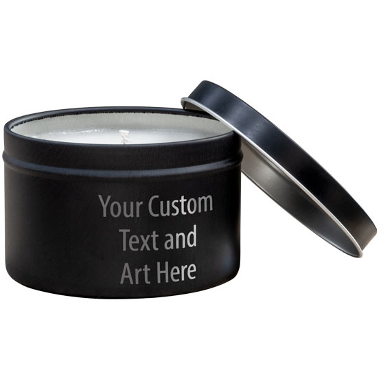 Custom Tin Candle - 8 oz Soy Black Tin Candle | PlaqueMaker.com